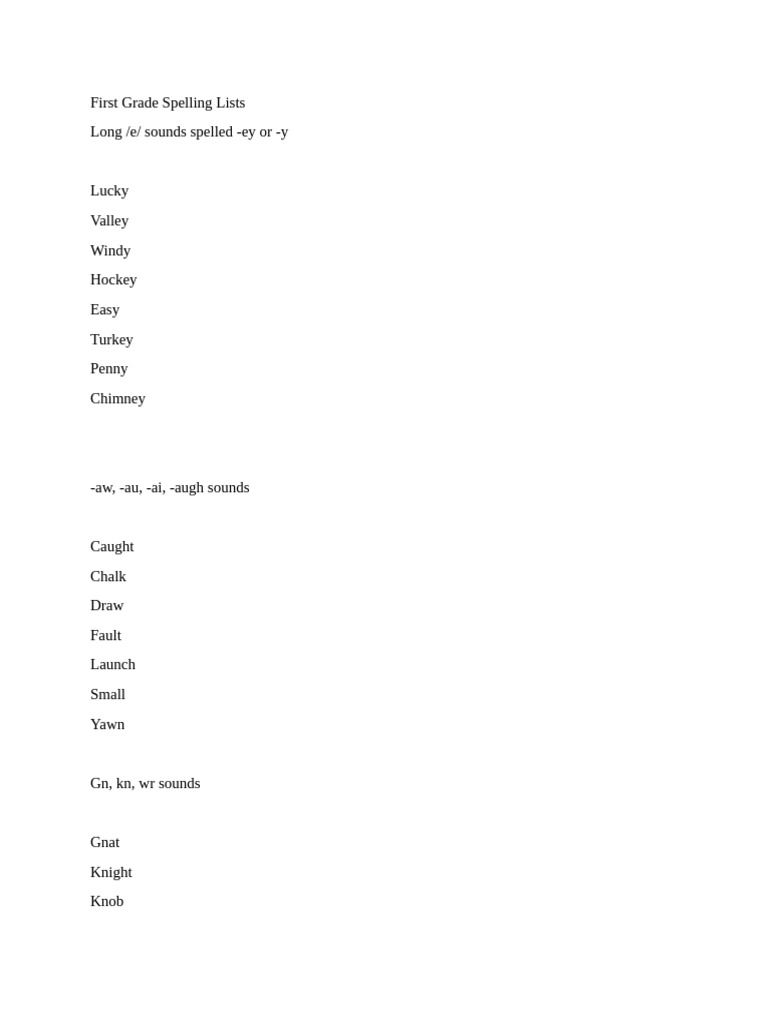 First Grade Spelling List | PDF