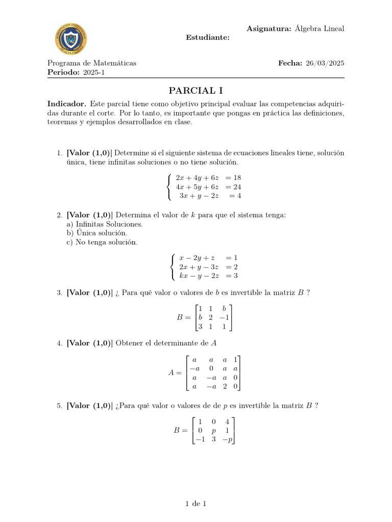 Parcial 1 de Algebra Lineal | PDF