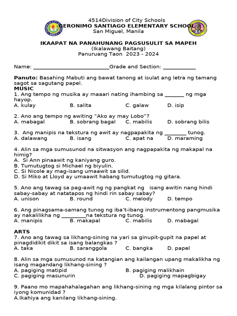 4TH Periodic Test in MAPEH | PDF