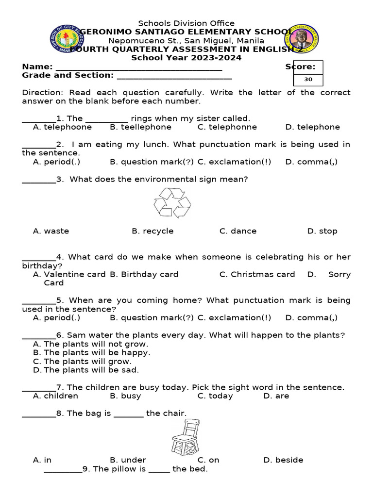 Fourth Quarterly Exam Grade 2 | PDF | Punctuation