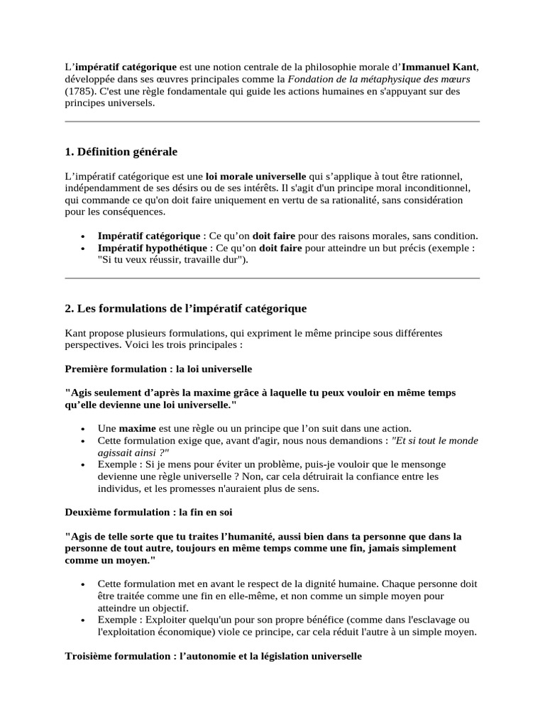 L'Impératif Catégorique de Kant | PDF | Emmanuel Kant | Moralité