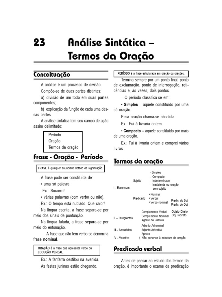 Analise Sintatica Termos Da Oracao 23 Co | PDF | Assunto (gramática) | Objeto (gramática)