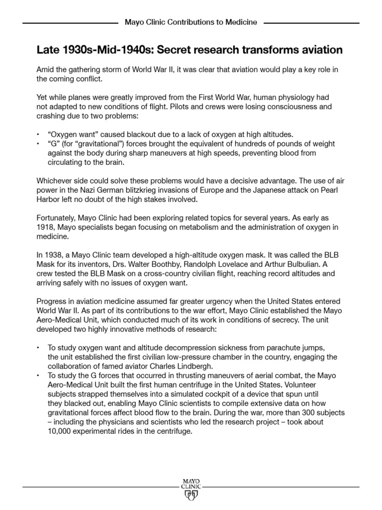 Late 1930s-Mid-1940s: Secret Research Transforms Aviation: Mayo Clinic ...