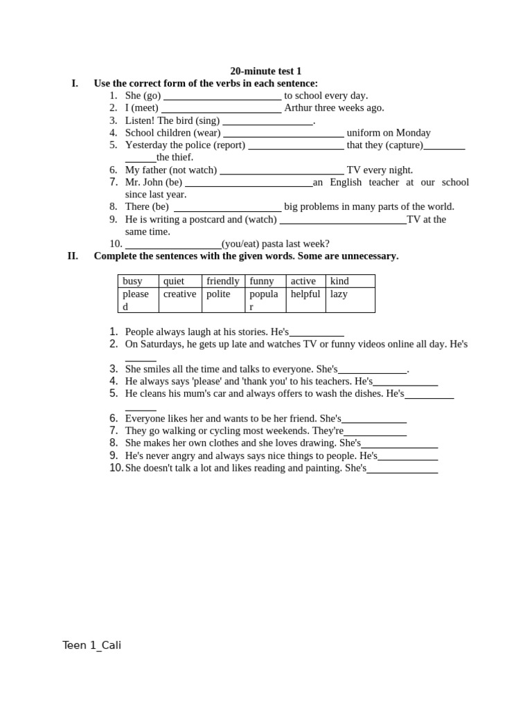 20-Minute English Verb Test | PDF