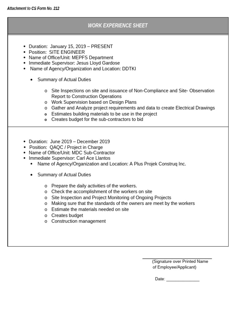 Work Experience of a Site Engineer | PDF