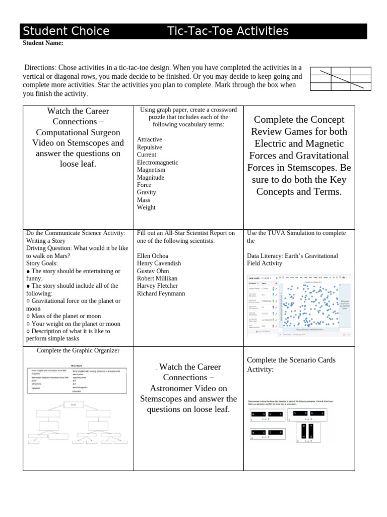 Electric, Magnetic, and Gravitational Forces Choice Board | PDF | Force ...