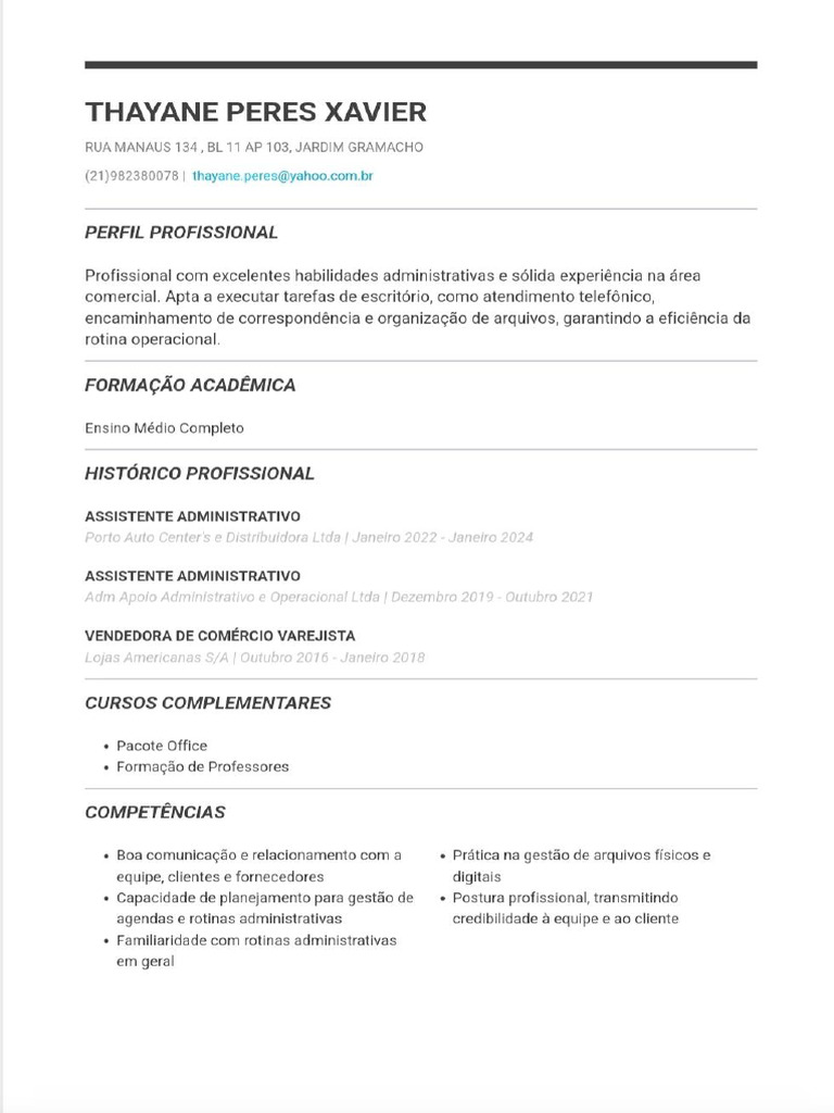 Currículo de Thayane Peres Xavier | PDF