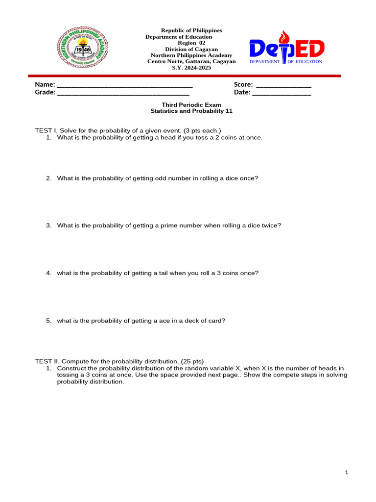 3rd Periodic Exam - Stat and prob 11 | PDF | Probability | Scientific Method