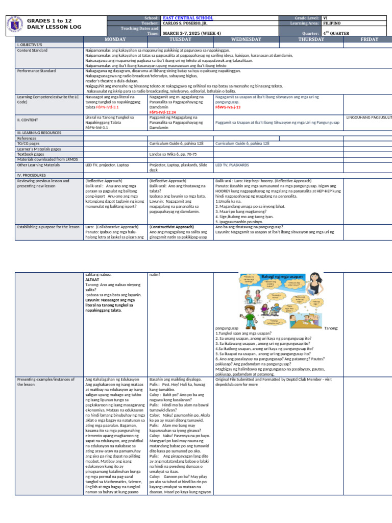 Dll Filipino 6 q4 w4 | PDF