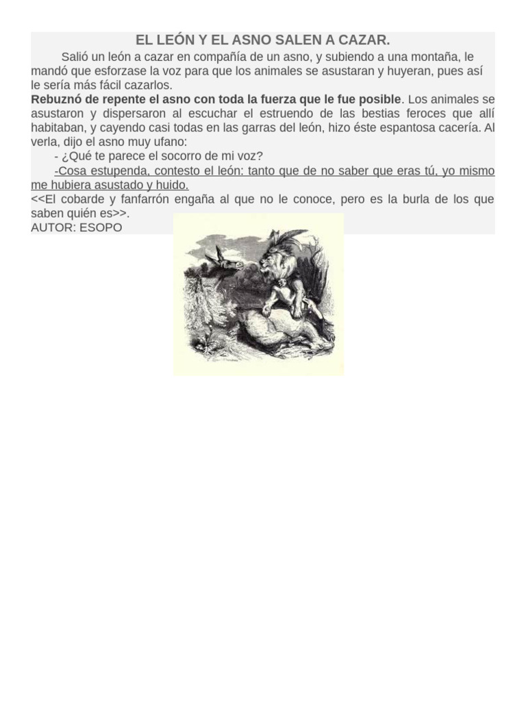 EL LEÓN Y EL ASNO SALEN A CAZAR | PDF
