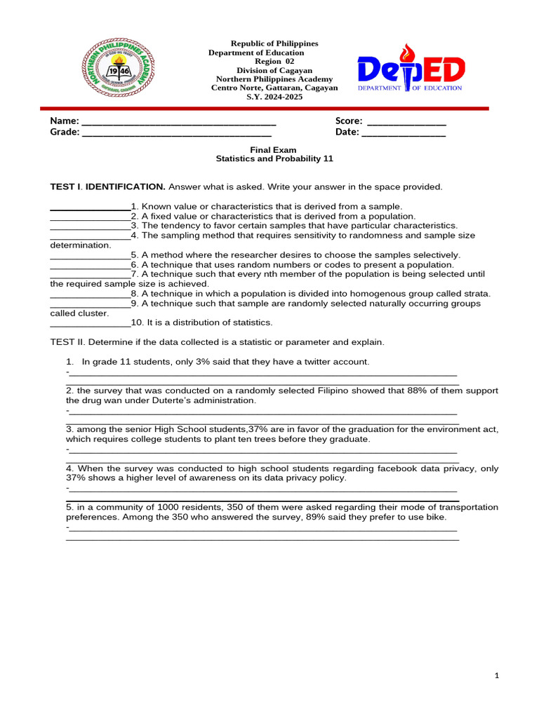 FINAL Exam - Stat and Prob 11 | PDF | Sampling (Statistics) | Standard ...