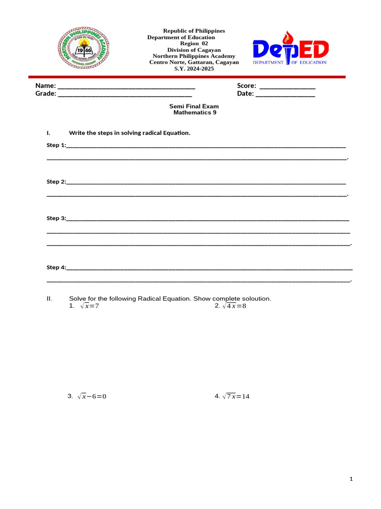 Semi Final Exam - math 9 | PDF