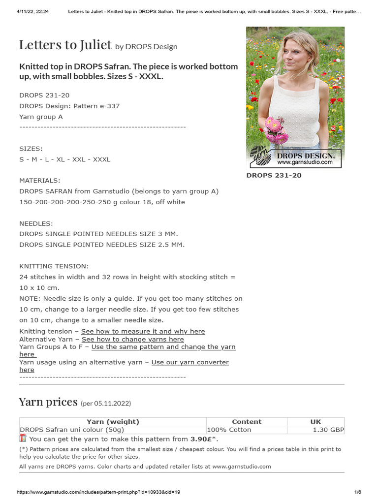 Letters To Juliet - Knitted Top in DROPS Safran. The Piece Is Worked ...