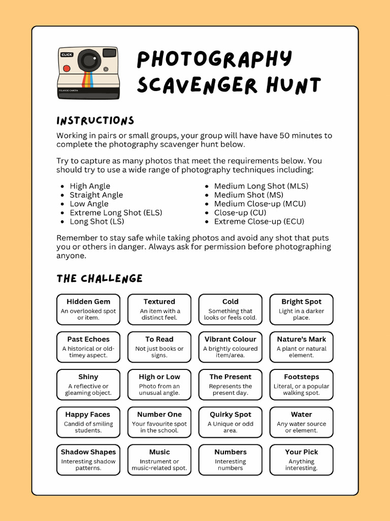 Photography Scavenger Hunt Digital Worksheet in Orange, Black and White ...
