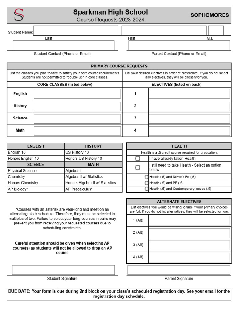 Fillable Sophomore Course Request Form | PDF
