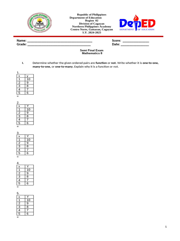 Semi final Exam - math 8 | PDF