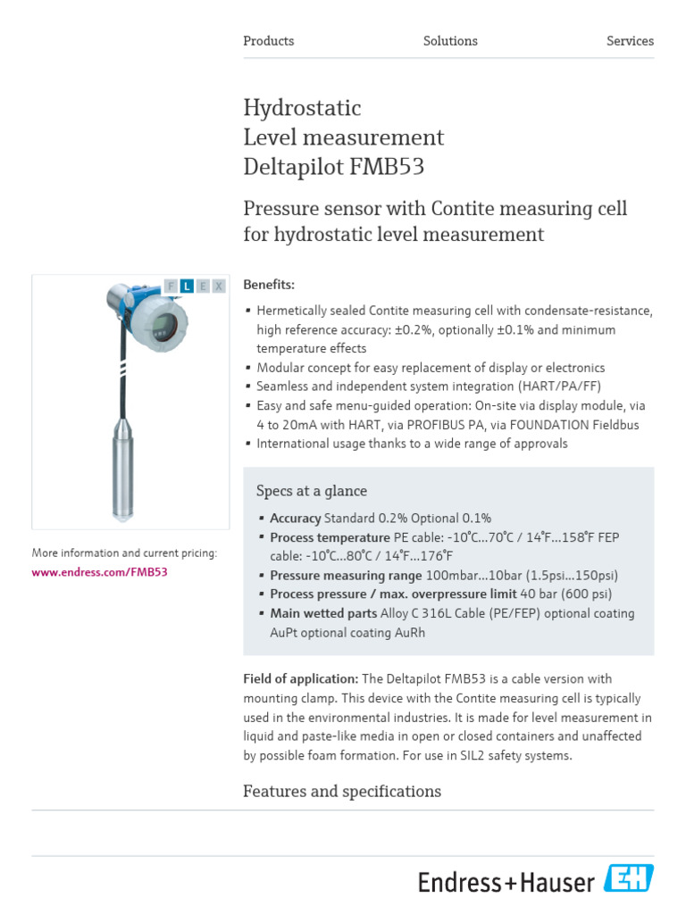 Endress-Hauser Deltapilot M FMB53 EN | PDF | Pressure Measurement ...