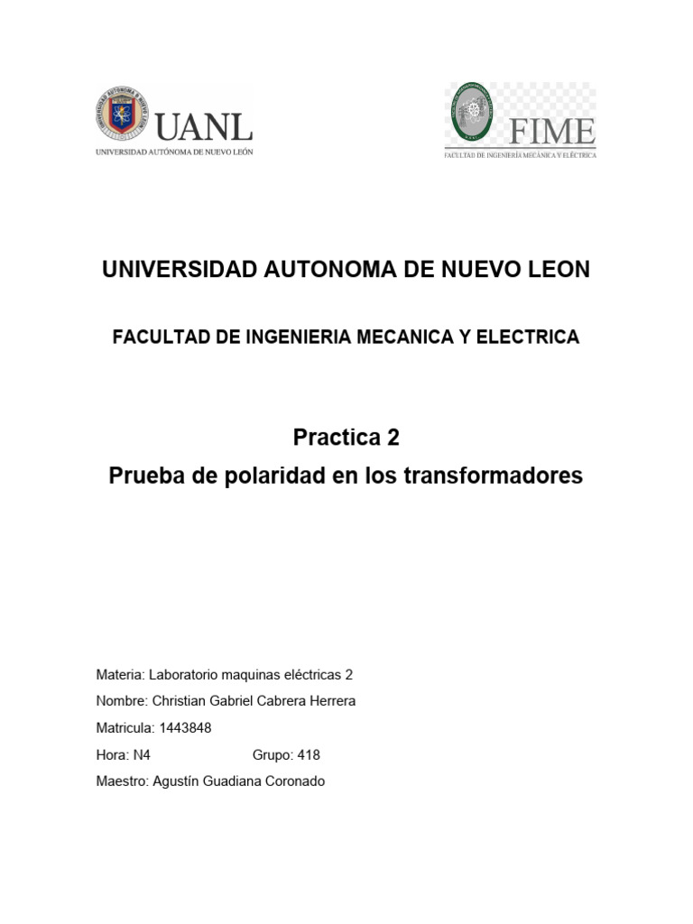 Practica 2. Practica 2. Prueba de Polaridad en Los Transformadores | PDF | Transformador | Relé