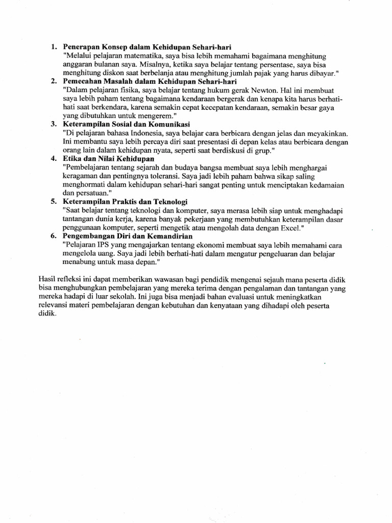 Catatan Refleksi Pembelajaran Siswa | PDF