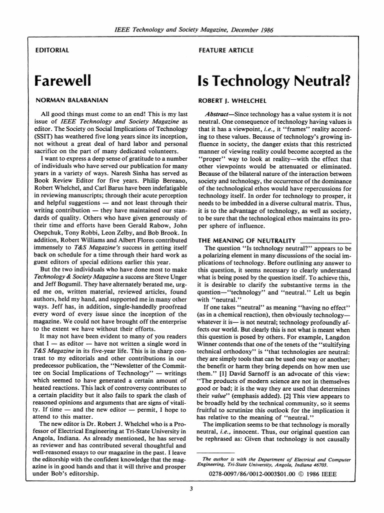 Whelchel, Is Technology Neutral | PDF | Martin Heidegger | Reality