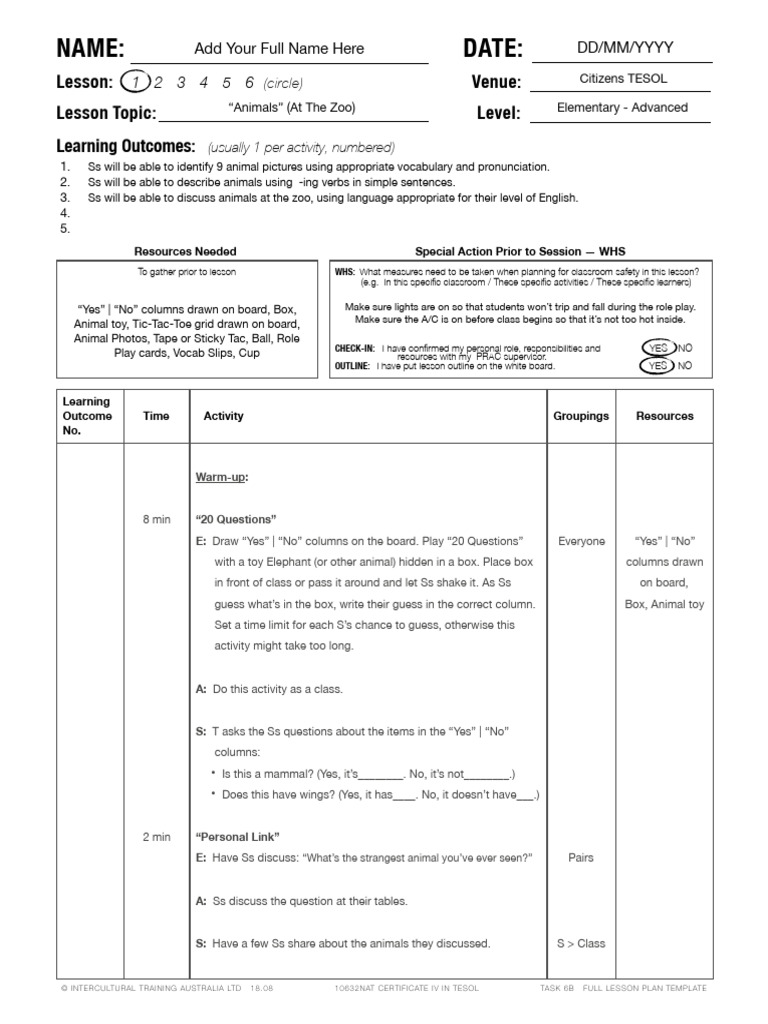 Animals at the Zoo Lesson Plan | PDF | Learning | Linguistics
