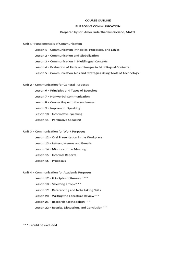 Course Outline Purposive Communication | PDF