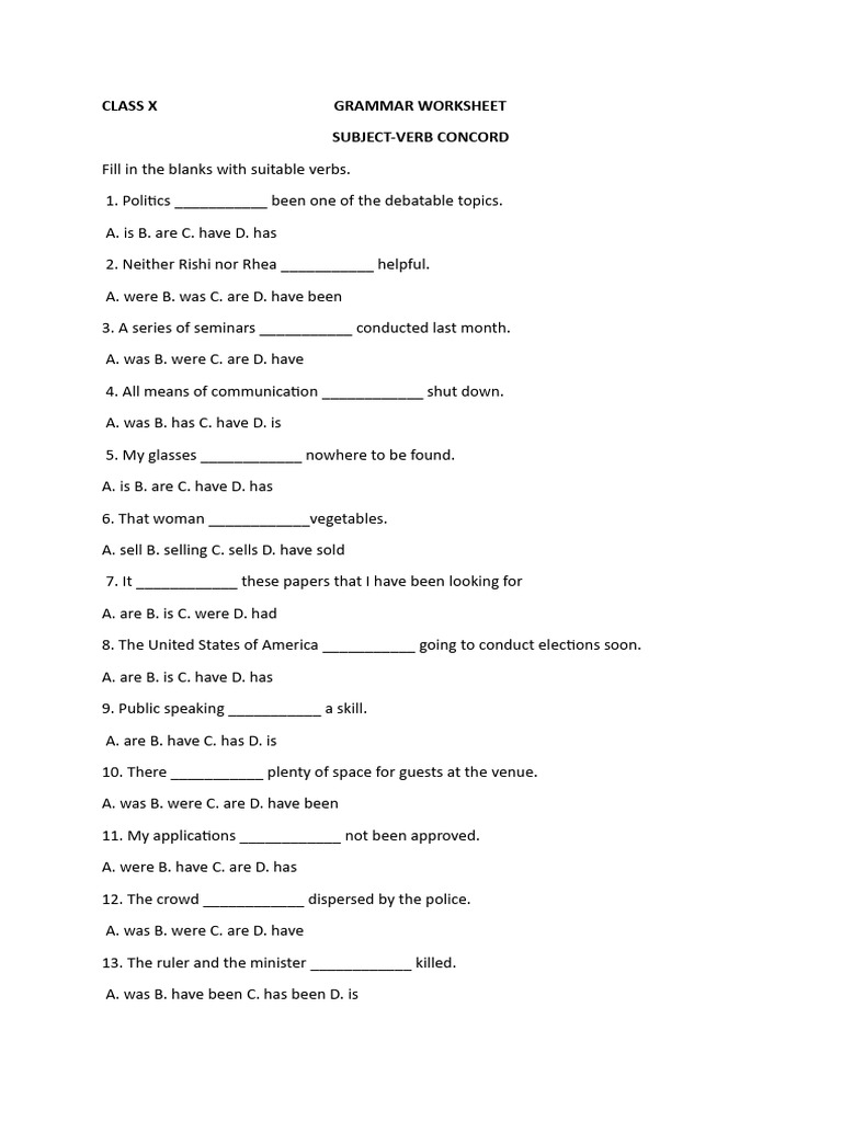 Class X Subject-Verb Concord Worksheet | PDF