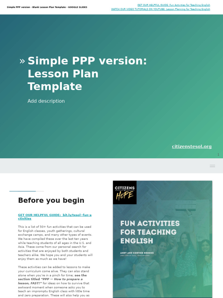 Simple PPP Version - Blank Lesson Plan Template - GOOGLE SLIDES | PDF ...