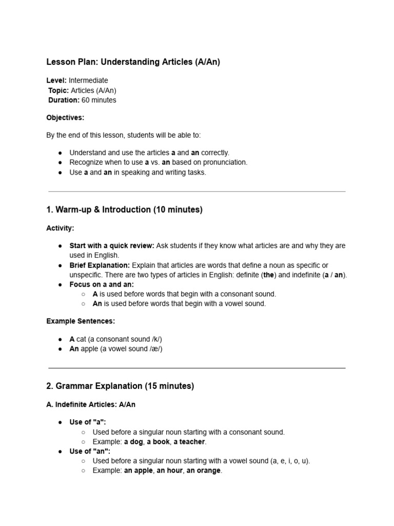 Lesson Plan - Understanding Articles (A - An) | PDF | Syntax | Language ...