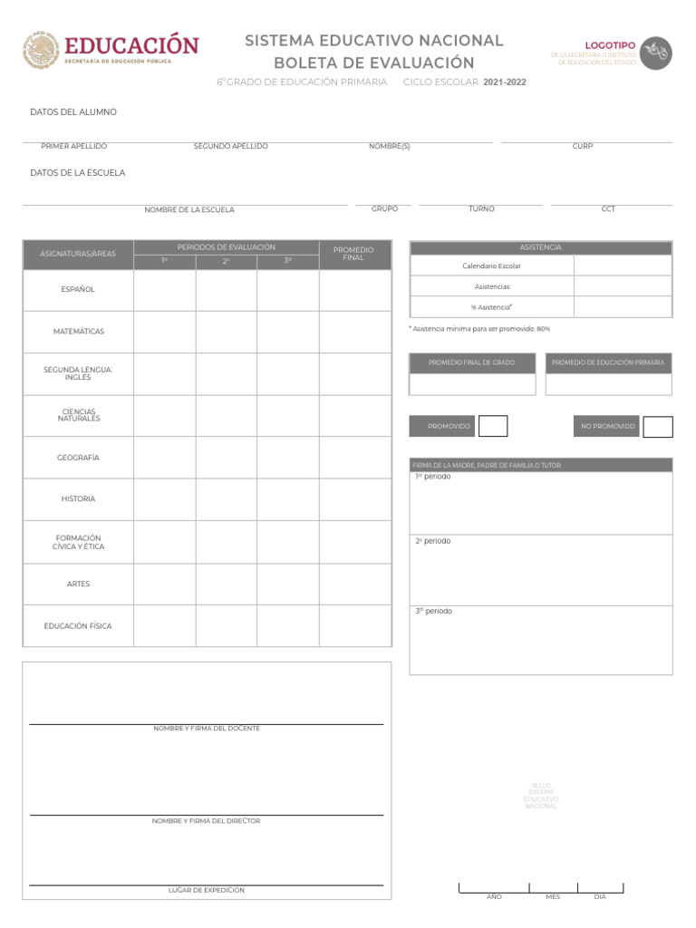 Boleta de Evaluación 6º Grado Primaria | PDF | Aprendizaje