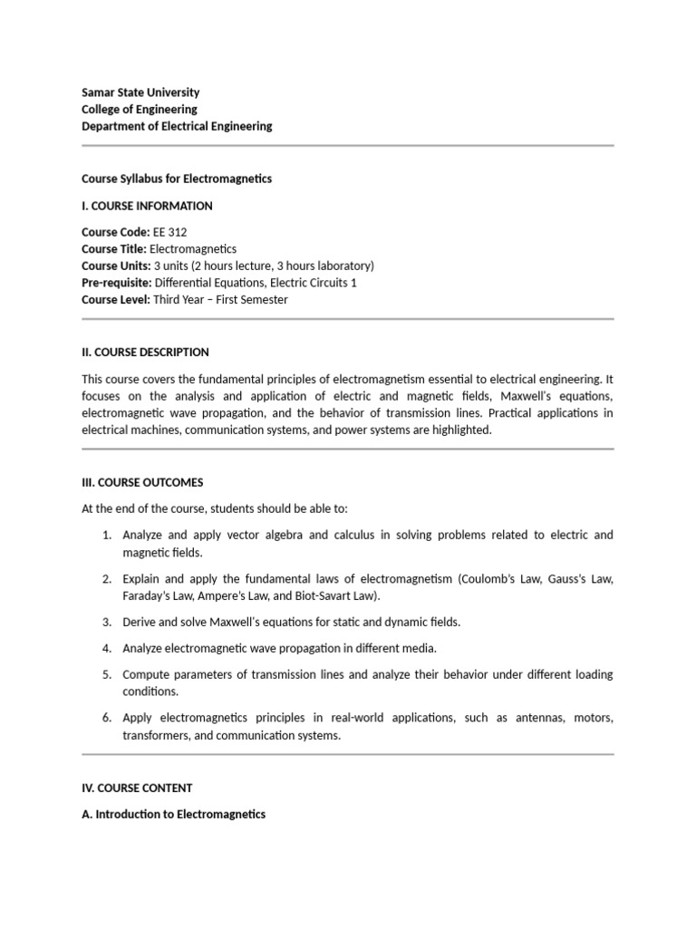 Electromagnetics-Course-Syllabus | PDF | Magnetic Field | Maxwell's Equations