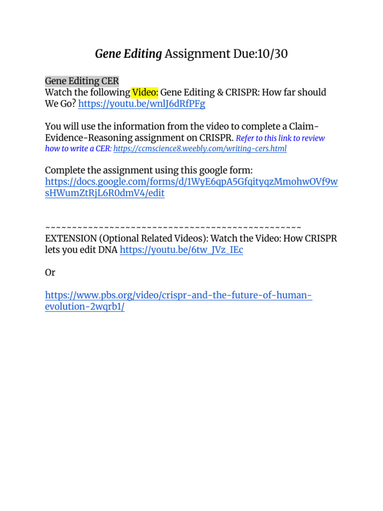 Nora Tjomsland - Stowers Gene Editing Assignment Due - 10 - 30 | PDF