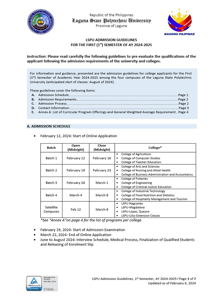LSPU Admission Guidelines For 1st Sem of AY 2024 2025 | PDF