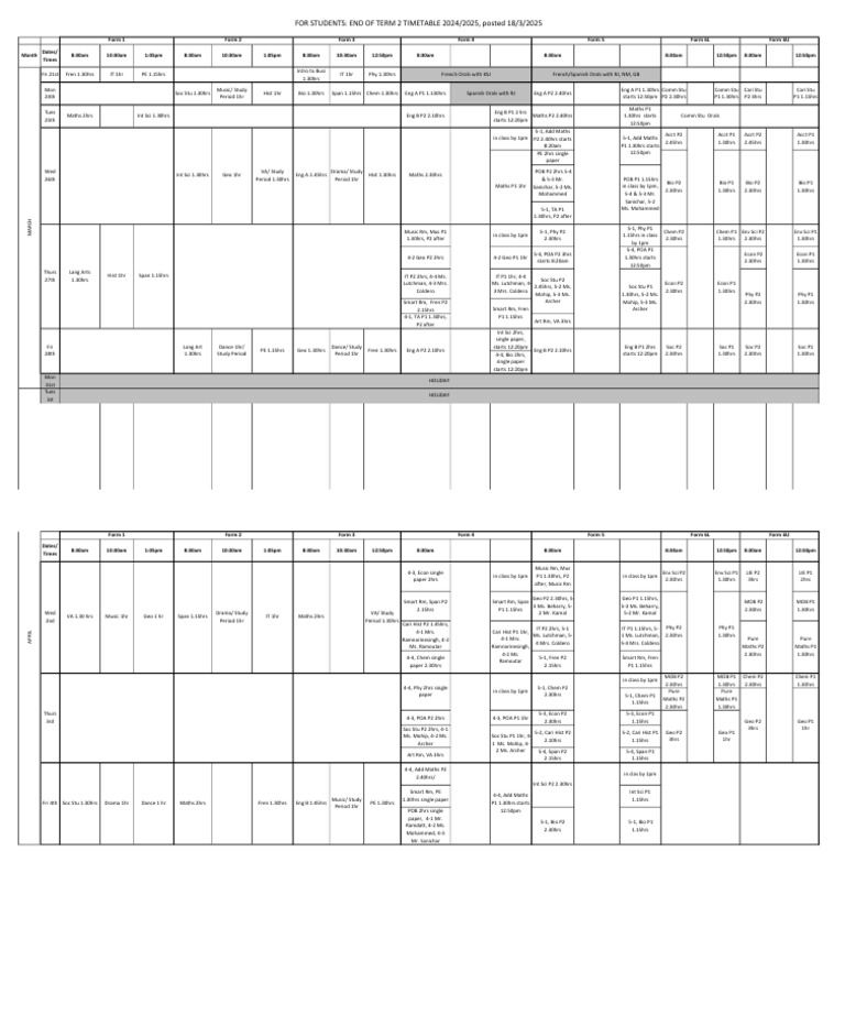 2024/2025 End of Term Timetable | PDF