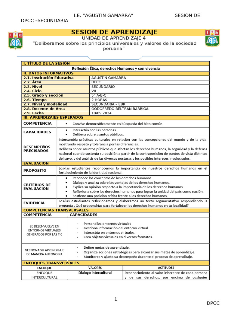 5º Ses Act 2 Unid.4- Dpcc 2024 | PDF | Maestros | Aprendizaje