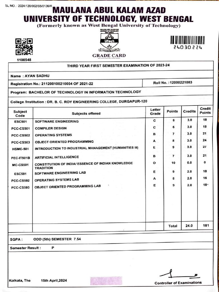 5th Semester Marksheet | PDF | Educational Stages