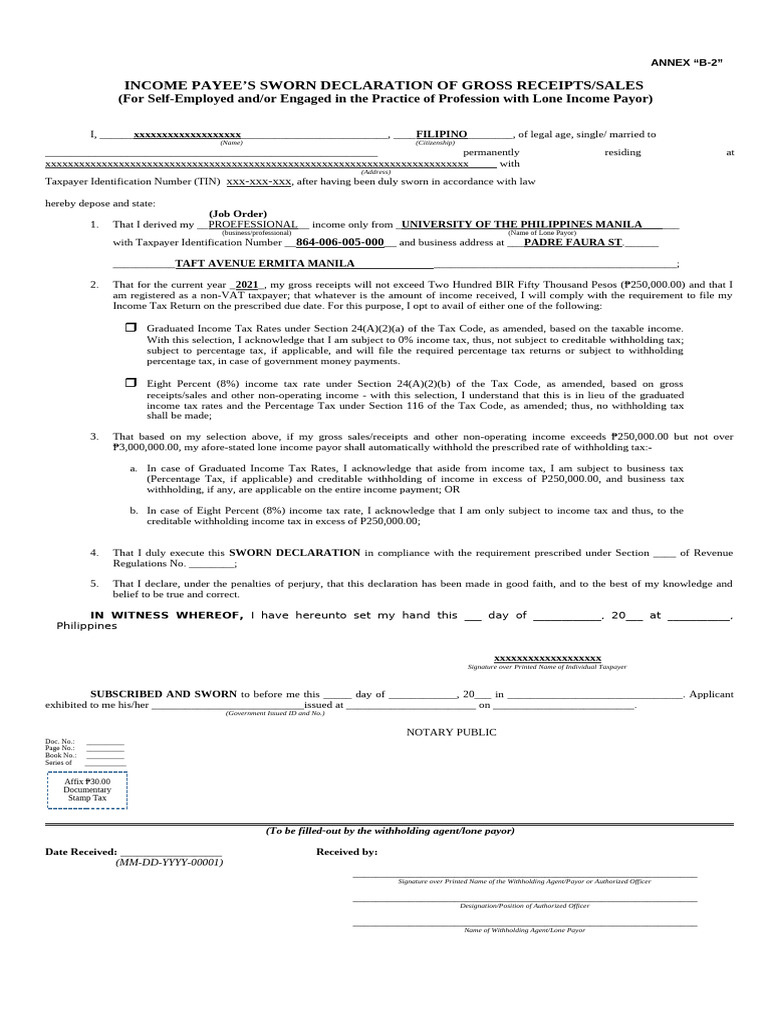 Annex B 2 Sworn Declaration1 1 | PDF | Taxes | Income Tax