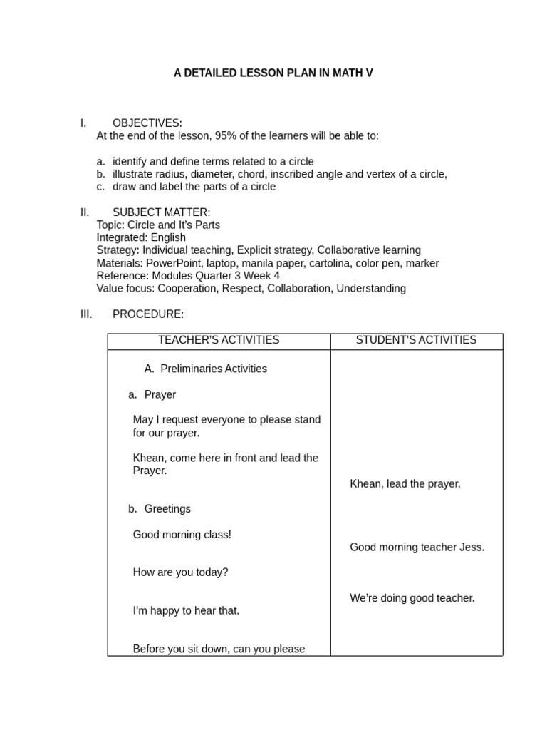 Lesson Plan in Math V Maam Princess Demo | PDF | Circle | Lesson Plan
