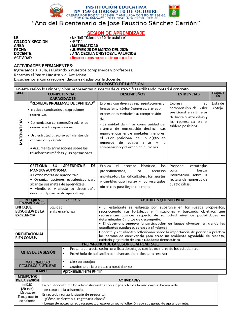 Sesion de Aprendizaje -Matematica 20 Marzo | PDF | Aprendizaje | Maestros