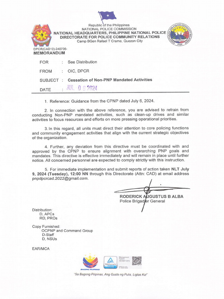 CONDUCT OF KANALINISAN ON AUGUST 3 TO 4 2024 & MEMO CESSATION OF NON ...