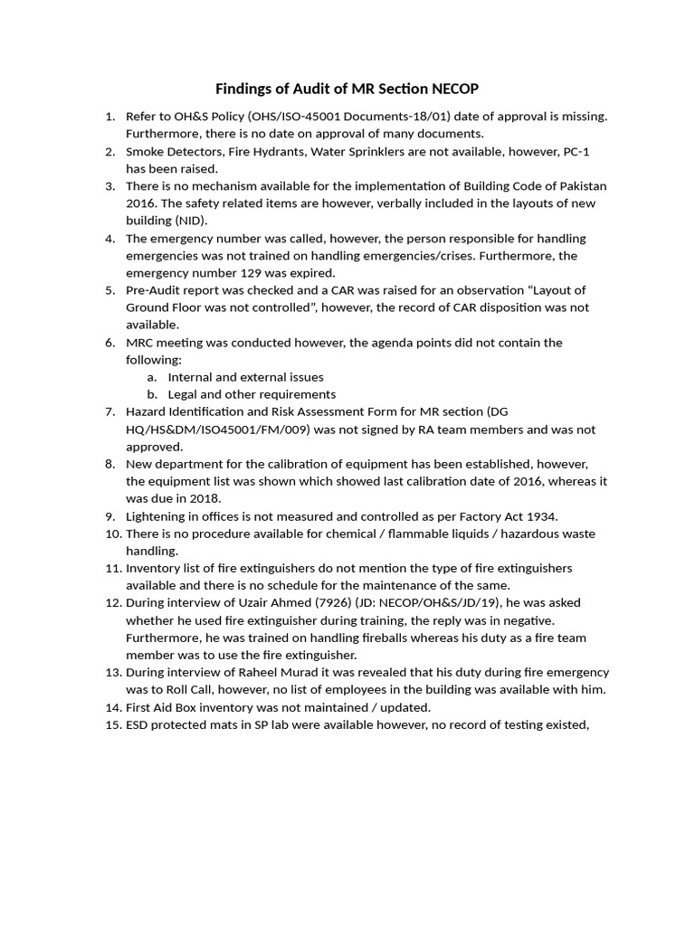 Findings of Audit of MR Section NECOP | PDF