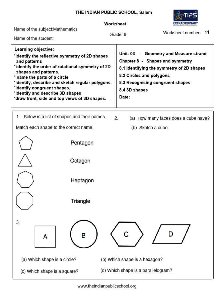 Grade 6 Geometry: Shapes & Symmetry Worksheet | PDF | Shape | Euclidean ...