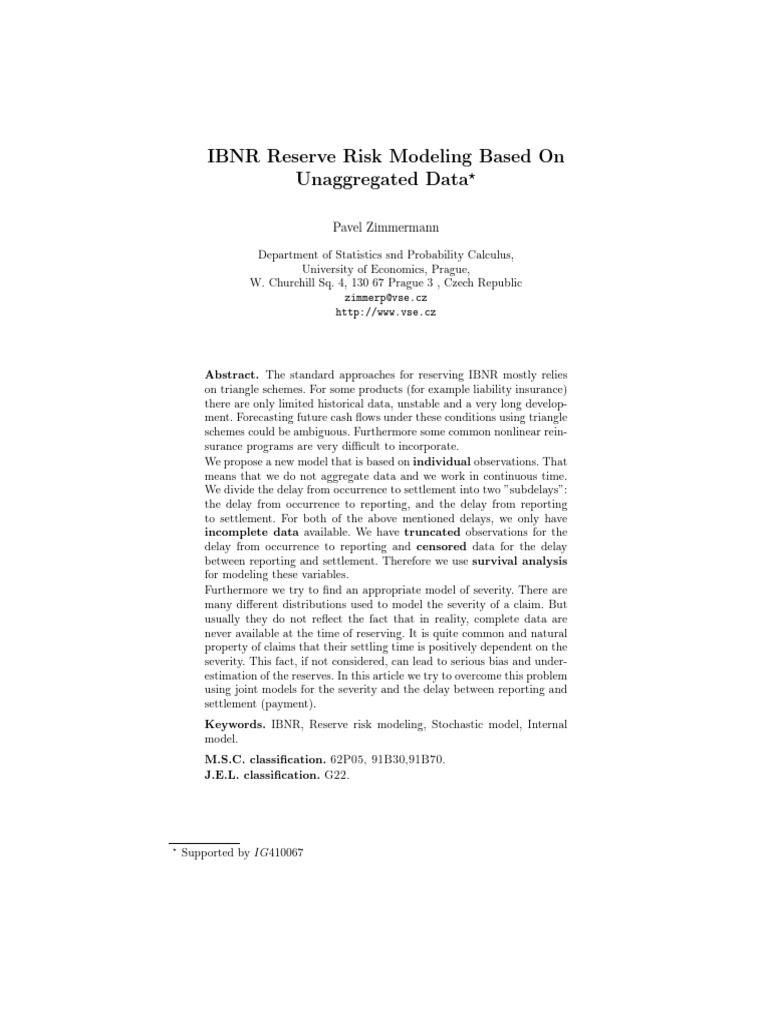 IBNR reserveRiskModelingBasedOnUnaggregatedData | PDF | Estimator ...