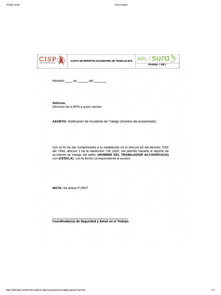 Formato - Carta de Reporte Accidente de Trabajo EPS - PDFCOFFEE | PDF
