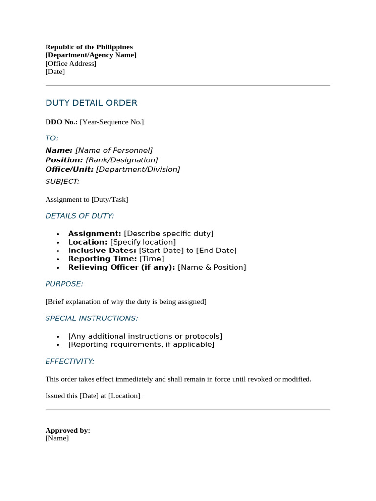 Duty Detail Order Template | PDF