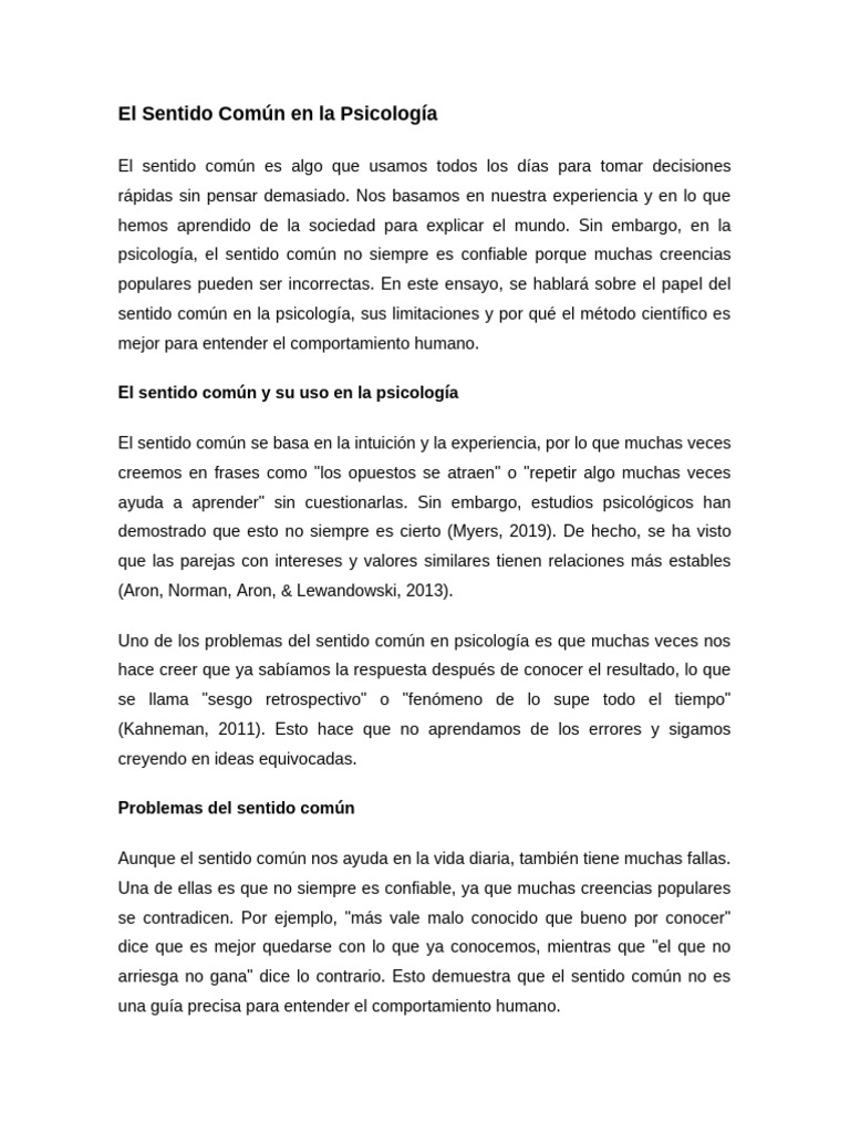 Ensayo, El Sentido Comun en La Psicologia | PDF | Método científico ...