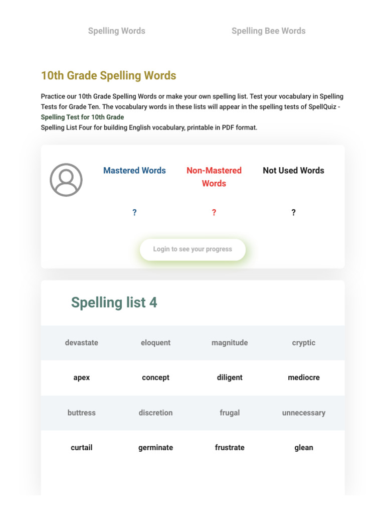 10th Grade Spelling Words List | PDF