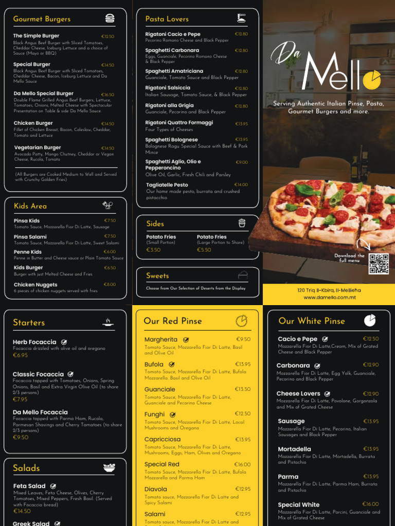 Da Mello Pizzeria Menu Highlights | PDF | Hamburgers | Mozzarella