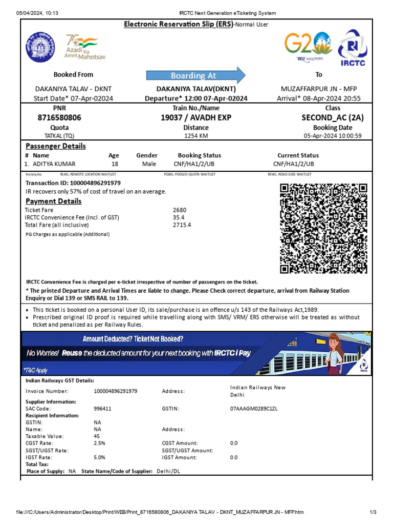 Print_8716580806_DAKANIYA TALAV - DKNT_MUZAFFARPUR JN - MFP (1) | PDF | Payments