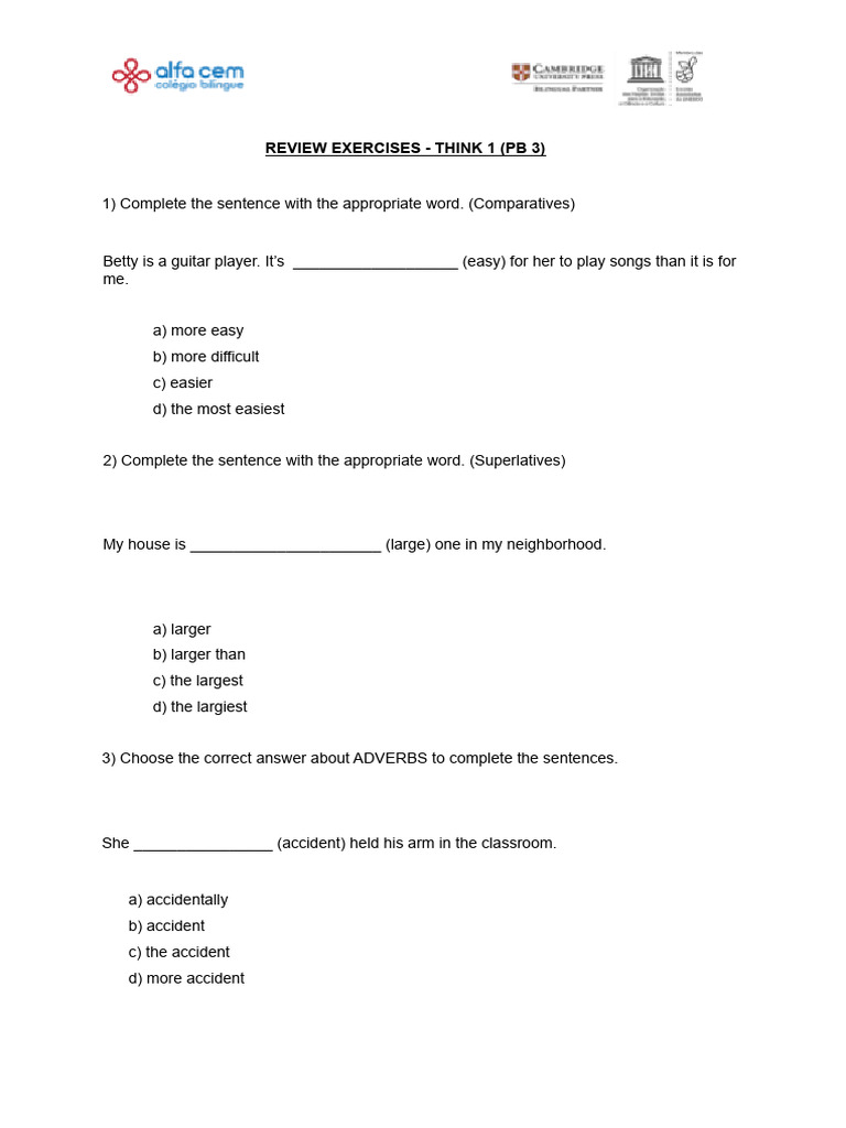 Review Exercises - Think 1 (PB 3) | PDF | Linguistics | Grammar